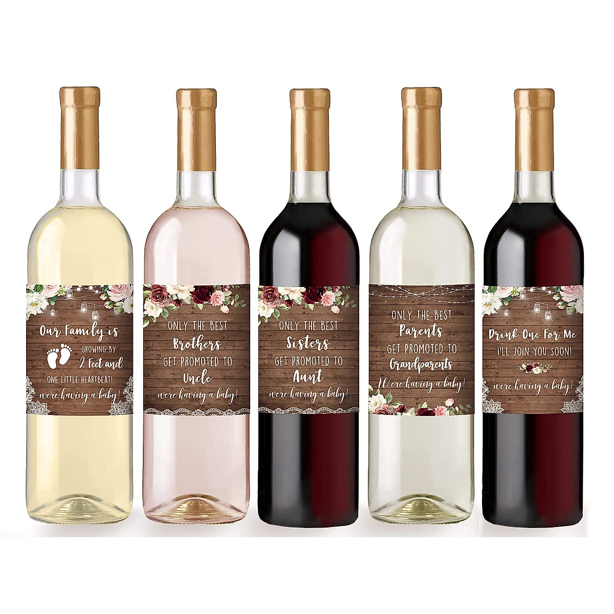 WHING Funny Pregnancy Announcement Milestones Wine Bottle Labels, Set of 5 Pieces Waterproof Sticker Covers, We're Having a Baby, Promoted to Grandparents, Brothers Sisters Promoted to Aunts Uncles