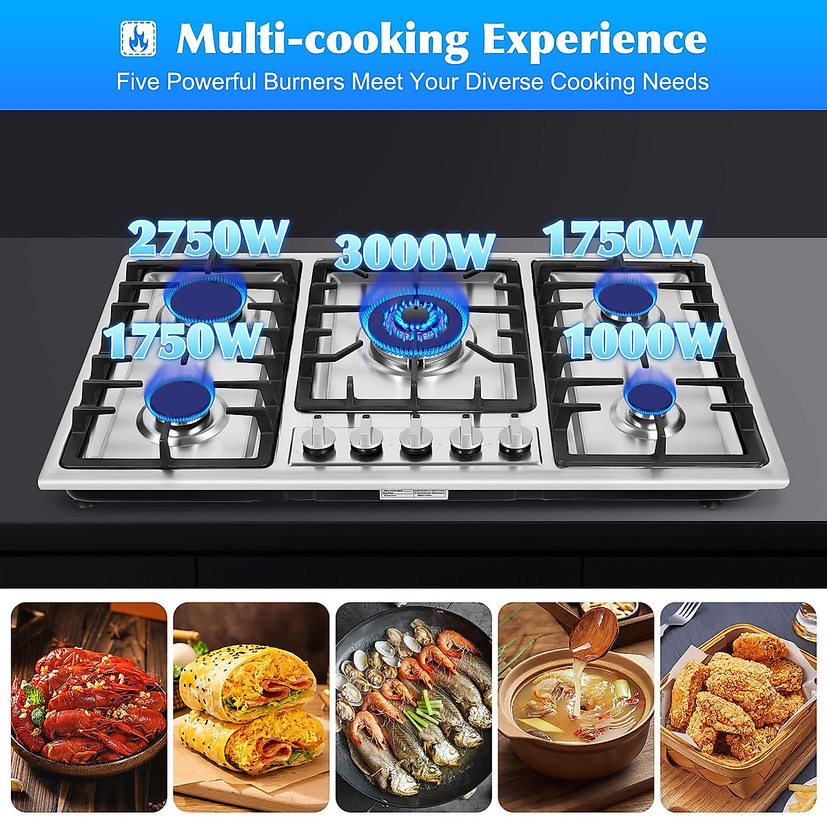 5 Burners Built in Gas Stovetop Cooker Gas Range Portable Stainless Steel Cooktop LPG/NG Dual Fuel Cast Iron Grate Gas Stove Kitchen Cooking Stove for Home RV Outdoor Apartment Silver(33.85x19.68Inch)