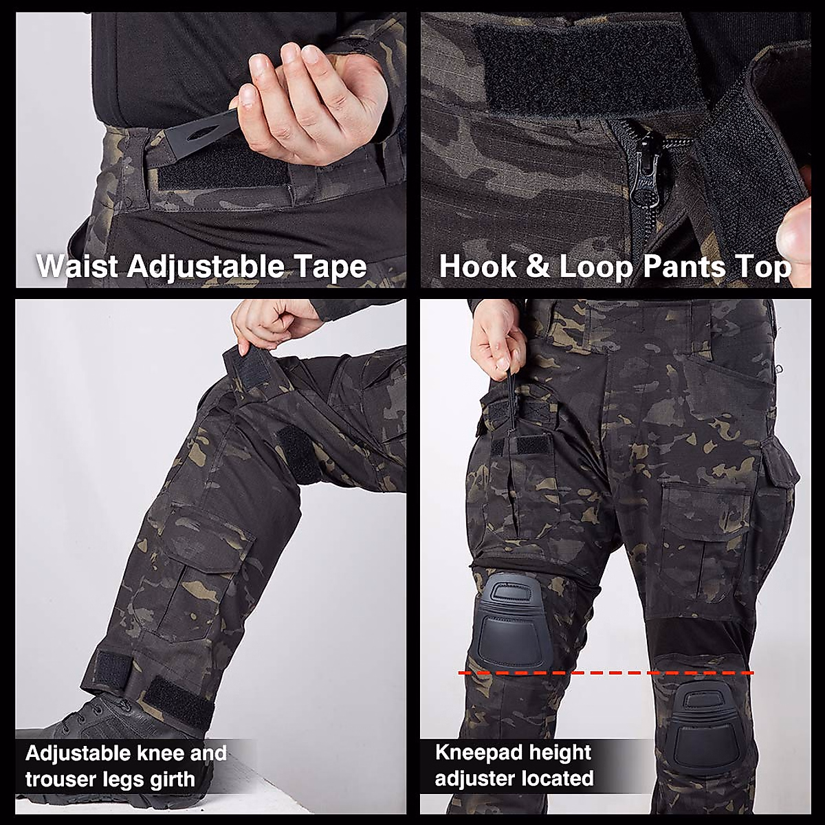 IDOGEAR G3 Combat Pants camo Men Pants with Knee Pads Airsoft Hunting Military Paintball Tactical Camo Trousers (camo Black, 32W x 32L)