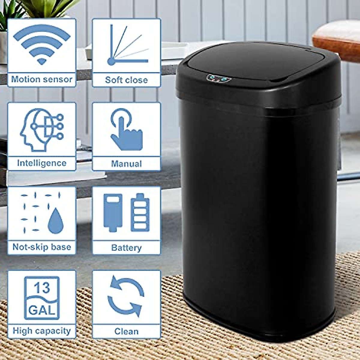 R/E Automatic Sensor Trash Can Kitchen Trash Can 13 Gallon Garbage Can High-Capacity Touch Free Waste Bin Stainless Steel Trash Can with Lid for Kitchen Office Bathroom Bedroom,Black