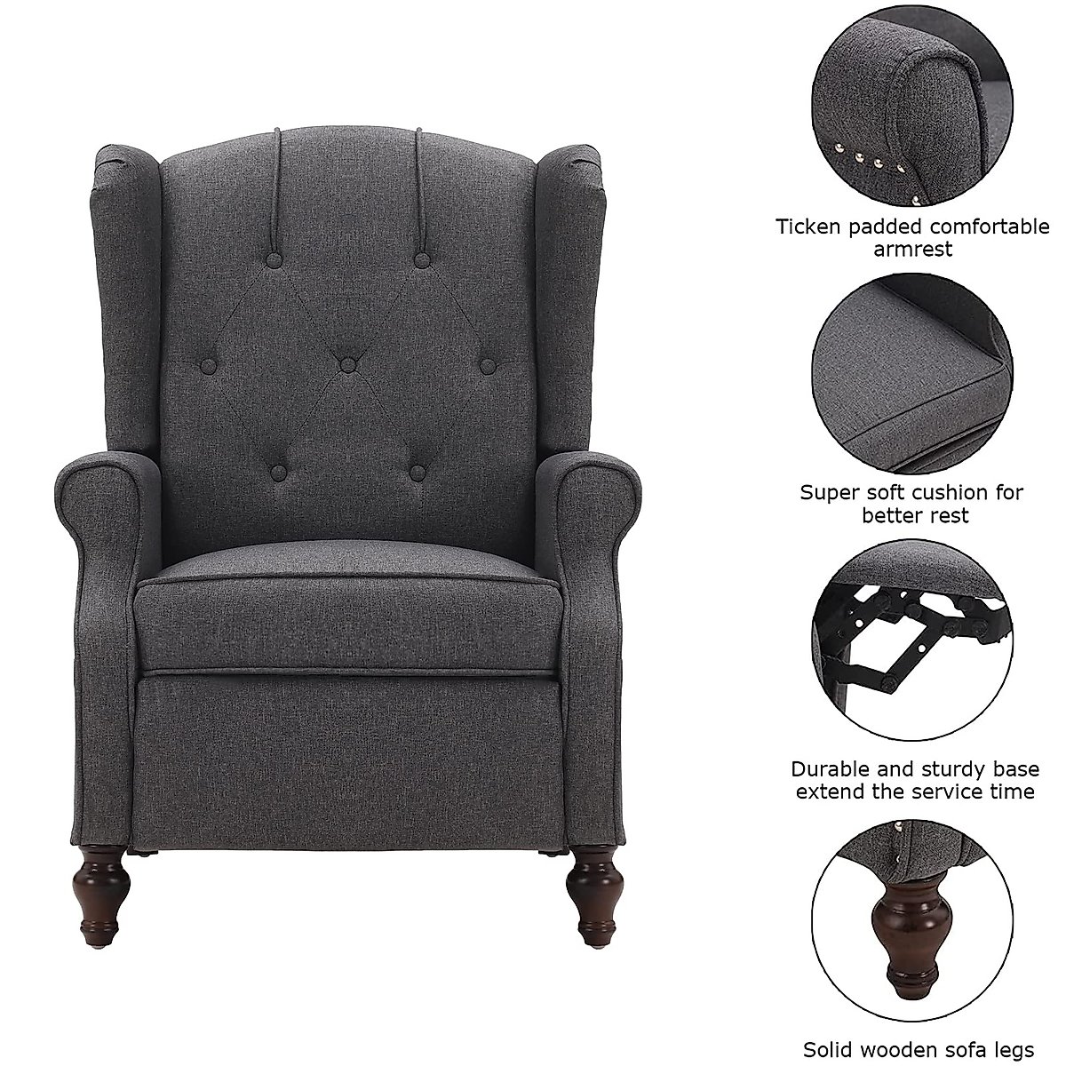 B BAIJIAWEI Tufted Wingback Recliner - Massage & Heat Function - Fabric Push Back Recliner with Remote Control, Adjustable Backrest (Grey)
