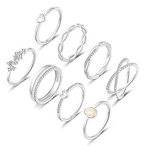 RLMOON 8PCS Silver Rings for Women Non-Tarnish Dainty Silver Ring Set Trendy Criss Cross Simulated Diamond Ring Eternity Stackable Ring Size 7