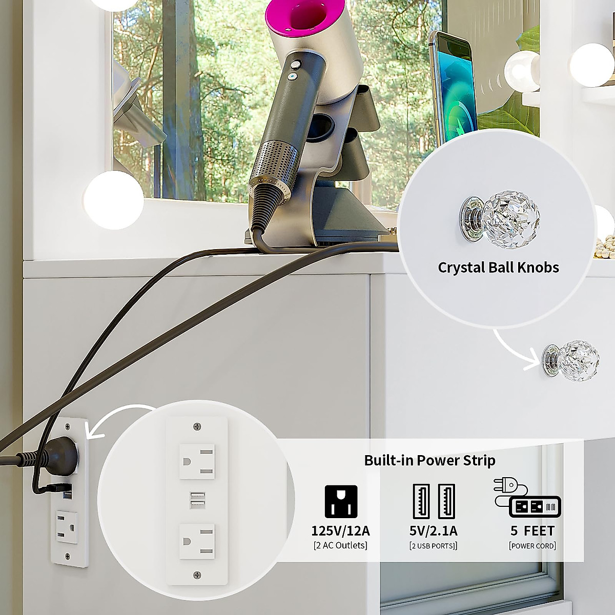 VOWNER Vanity with Lights - 47" Makeup Vanity Desk with Power Outlet, Storage Shelves and 6 Drawers, 3 Color Lighting Modes with Adjustable Brightness, Makeup Desk with Stool for Women Girls, White