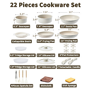 VIVIDCOOKWARE 22pcs Pots and Pans Set Non Stick, Ceramic Cookware Set with Detachable Handle, Pot Sets for Cooking Nonstick with Collapsible Dish Basin, Oven Safe