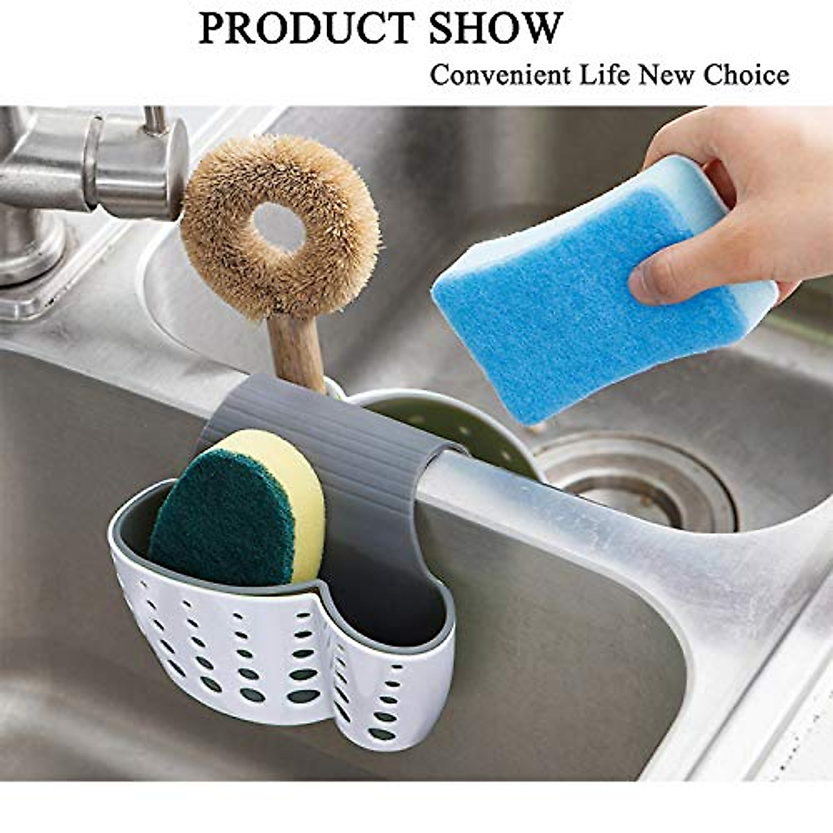 Sink Caddy Sponge Holder for Kitchen Sink Faucet Hanging Sink Sponge Caddy Organizer for Sponge, Brush, Soap, Silicone Plastic Saddle Faucet Flexible Caddy with Drain Holes for Drying,Double White