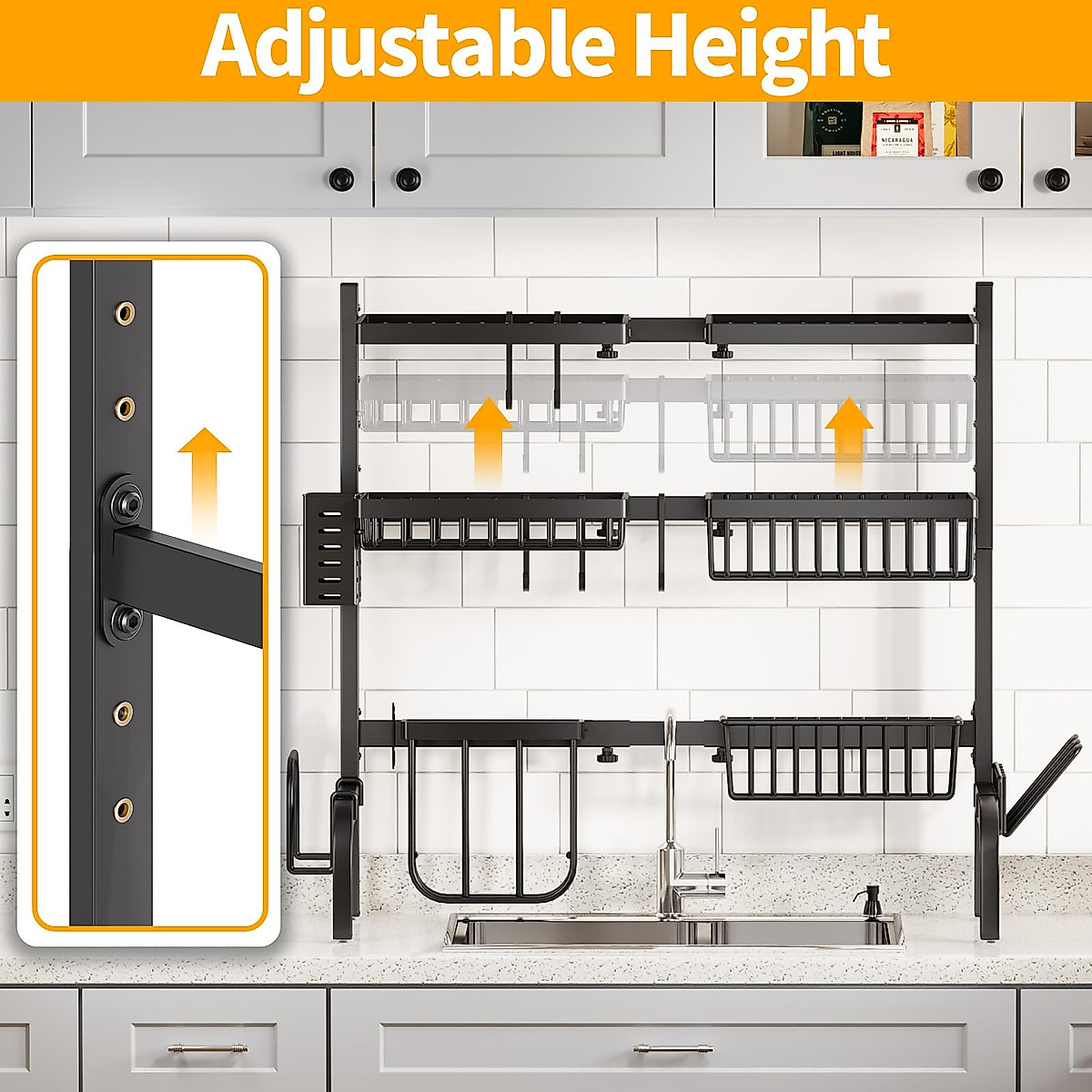 Urackify Over The Sink Dish Drainer Drying Rack, Adjustable (25.19"-37.4") Over Sink Dish Drying Rack, Extra Large Extendable Dish Rack Above Kitchen Sink, 3 Tier Dish Strainer with Storage Basket