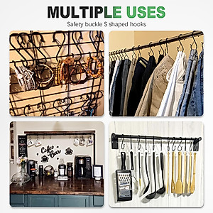 12 Pcs S Hooks for Hanging, 3.5-inch Heavy Duty Metal S Hook (Safety Buckle) Ceiling Hooks for Hanging Plants, S Hook with Clip Pot Rack Hooks, Closet Hooks and Kitchen Utensils (Black)