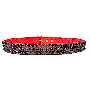 Red Three Row Black Pyramid Stud Belt Vegan Leather Punk Goth Alternative USA Made (XL)