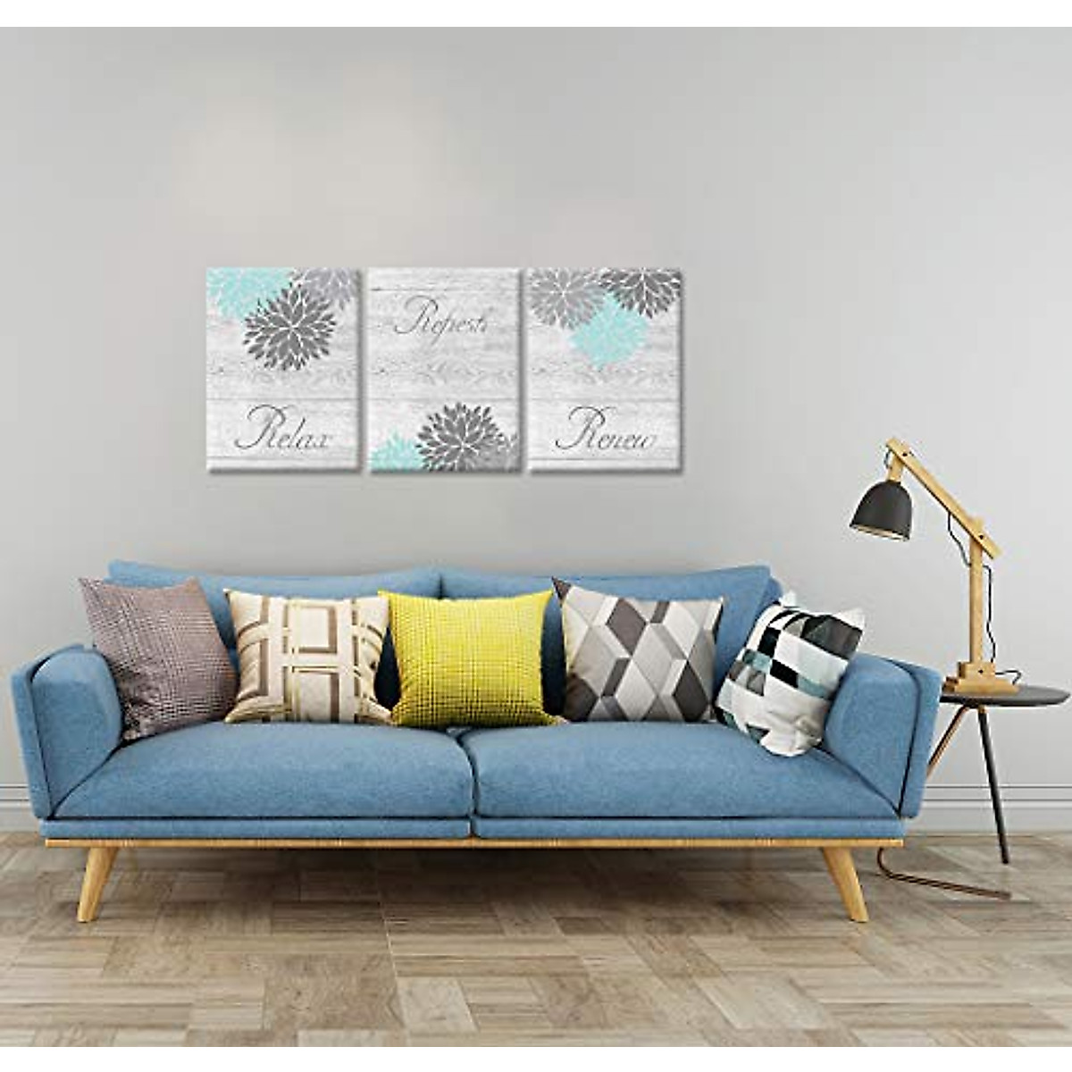 Zlove 3 Pieces Floral Bathroom Wall Art Prints Dahlia Flowers Relax Refresh Renew Signs Blue Grey Artwork Stretched and Framed for Bedroom Living Room Ready to Hang 12x16inchx3pcs