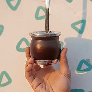 thebmate [Premium Yerba Mate Cup (Mate Gourd) - Crafted Ceramic Teacup - Brown Leather Wrapped Handmade in Uruguay - Mate Tiny - Camionero Style (Dark Brown)