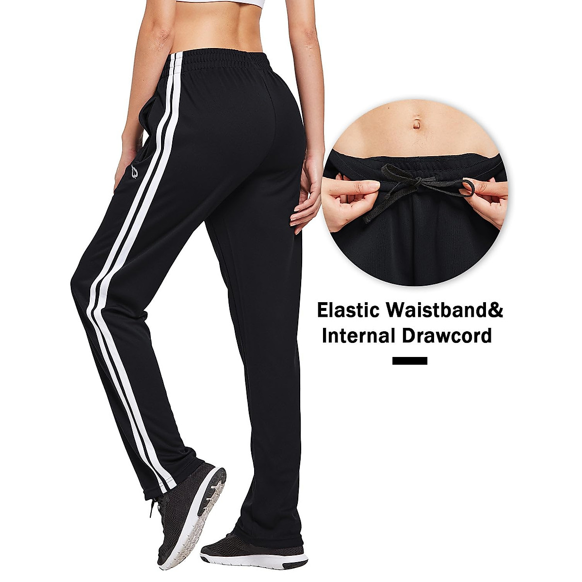 BALEAF Women's Track Pants Athletic Jogging Sweatpants Zipper Pockets Warm-Up Sports Running Pants Black/White Size XL