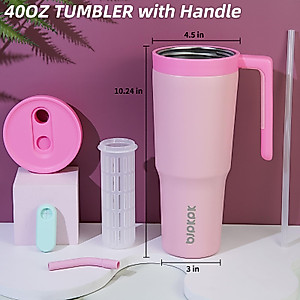 BJPKPK Insulated Tumblers With Handle And Straw 40oz Stainless Steel Travel Coffee Mug Tumbler Cups With Lid And Fruit Infuser,Light Pink
