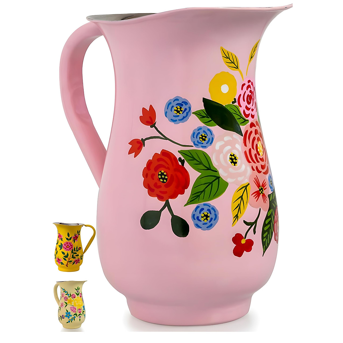 Hand Painted Stainless Steel Water Pitcher - Large Metal Water Jug, for Cold Drinks, Floral Design Beverage Carafe for Entertaining & Home Decor. 8” height, 1 Quart Decorative Vase. (Pink)