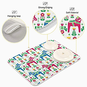Dish Drying Mat for Kitchen Folk Art Dala Horse Absorbent Heat Resistant Dishes Drainer Pad 18 x 24 Inch
