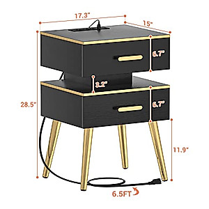 Cyclysio 28.5'' Nightstand with Charging Station, Tall Bedside Tables with Led Lights, Bed Side Table Night Stand with Drawers for Bedroom and Sofa Side, Black