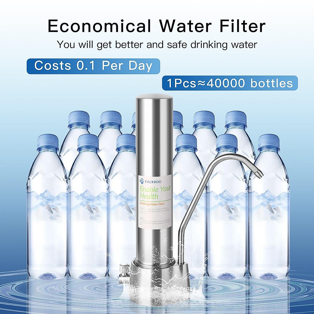 FACHIOO Countertop Water Filter, NSF/ANSI 42&53 Certified,4-Stage Stainless Steel Faucet Water Filter for 8000 Gallons, Reduces Heavy Metals, Bad Odor and 99% Chlorine(1 Ceramic Filter Included)