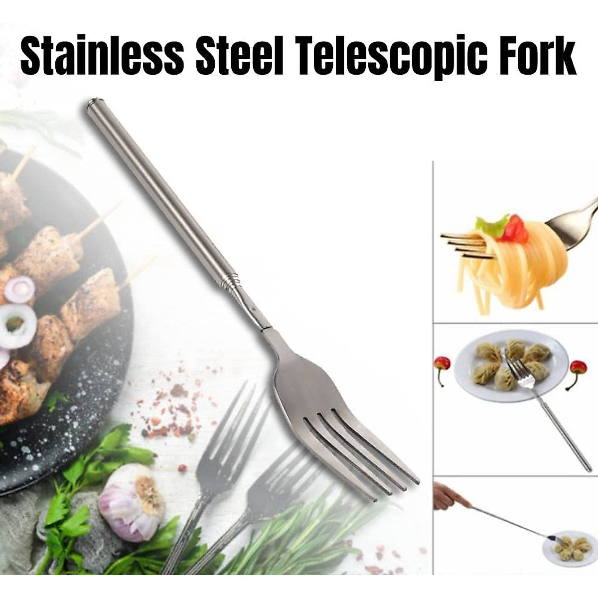 Telescopic Fork,Extendable Fork,Extending Fork,64cm Long Stainless Steel Retractable Fork Extendable Dinner Fruit Dessert Fork Cutlery 8.7-25.4inch