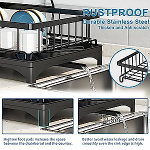 Dish Drying Rack Large Dish Rack, 2 Tier Dish Racks for Kitchen Counter, Extra Roll-Up Kitchen Sink Drying Rack, Rustproof Stainless Steel Dish Drainer with Drainboard Set Utensil Holder Cup Rack