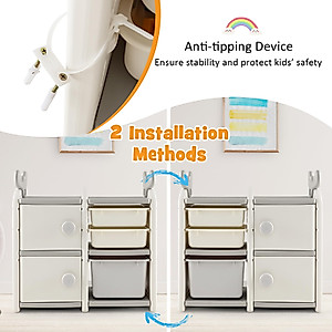 HONEY JOY Kids Toy Storage Organizer with Bins, Toddler Toy Chest & Bookshelf with Enclosed Cabinets & Pull-out Drawers, Multipurpose Storage Bookcase Cabinet for Playroom, Bedroom, Kindergarten, Gray