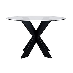Powell Black Wood Modern Round Glass Top Parnell X Base Dining Table