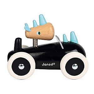 Janod Spirit Wood Car Push Toy - Rony Rhino - Ages 18 Months+ - J04492