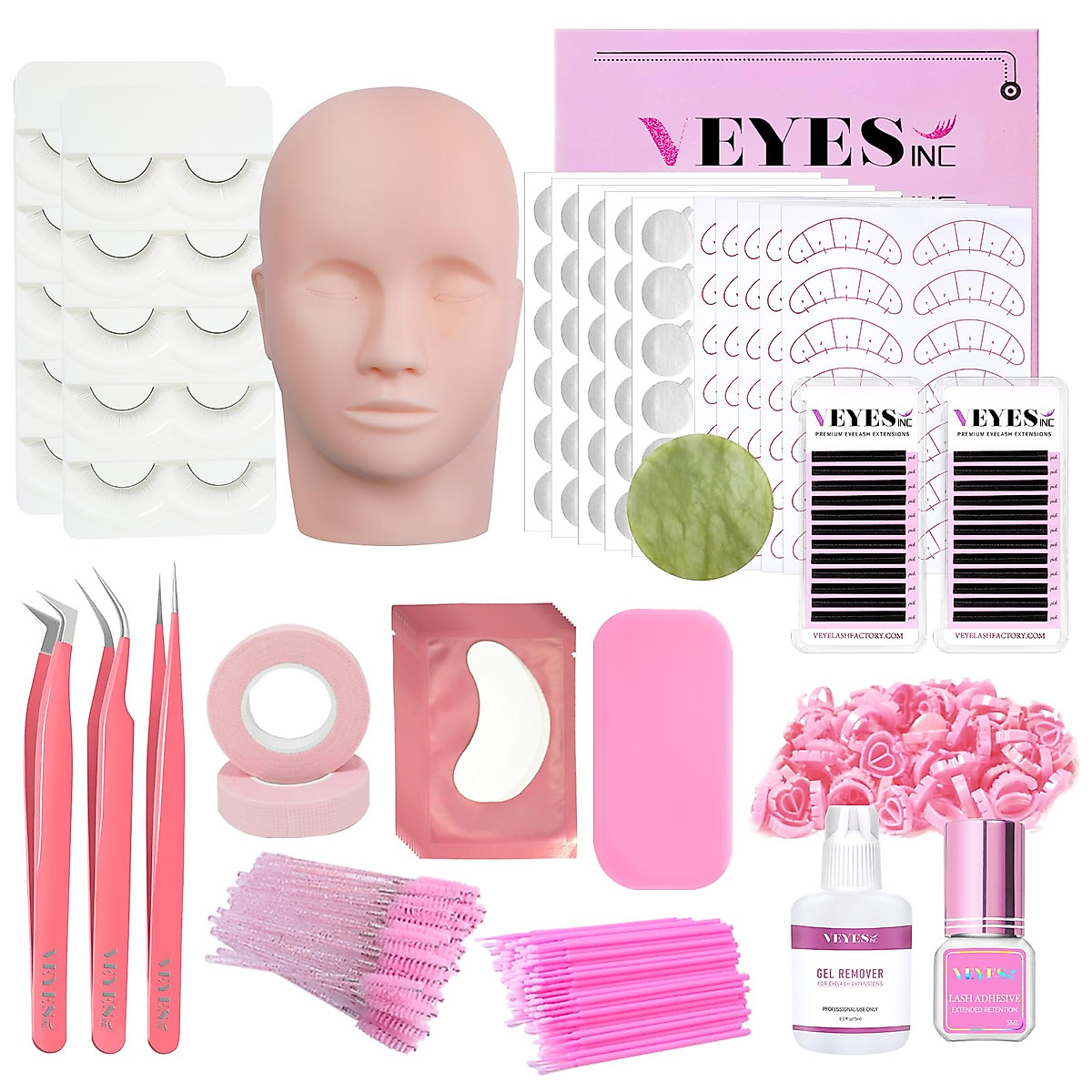 VEYES INC Lash Kit For Eyelash Extensions Beginners, Starter practice lash tech With Mannequin Head Practice Exercise Set, Individual Lashes, Lash Glue, Lash Extension Tweezers
