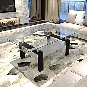 Rectangle Glass Coffee Table Metal Tube Legs End Table for Livingroom Tansole Black 39.4x23.7x17.7