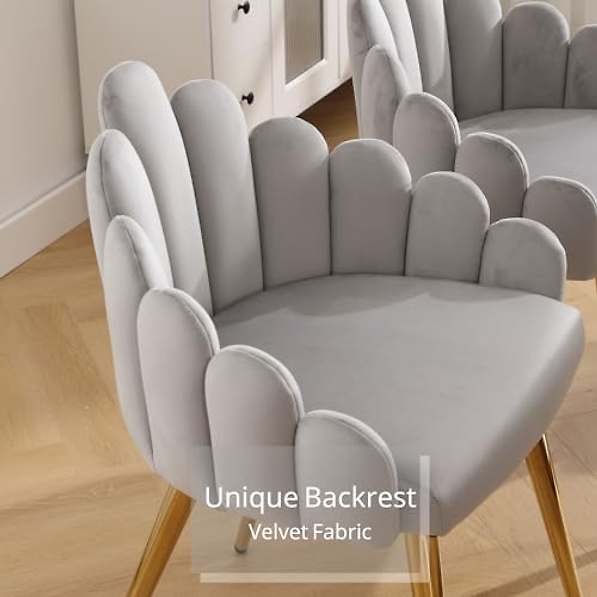 HEAH-YO Dining Chairs Set of 4, Upholstered Velvet Dining Room Chairs with Barrel Backrests and Gold Metal Legs, Comfy Accent Side Chairs for Living Room Kitchen, Grey