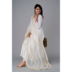 JG JAI GOVINDAM Chikankari Cotton Anarkali Indian Kurti For Women Summer Dress Kurta Pant With Dupatta Set Pakistani Long Kurta-(XL) White