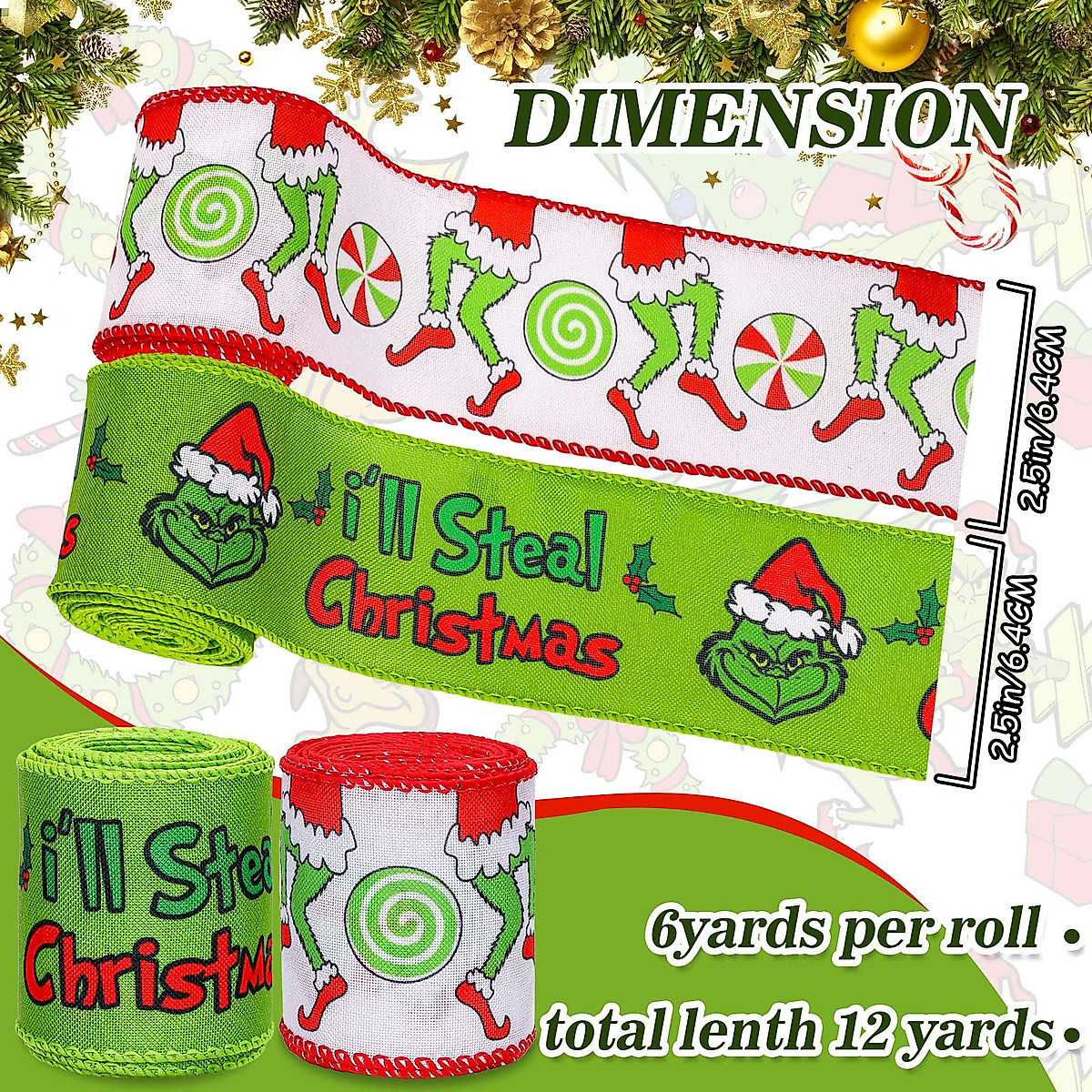 Whaline 12 Yards Christmas Wired Edge Ribbon Xmas Funny Cartoon Character Craft Ribbon Christmas Decorative Fabric Ribbon for Gift Wrapping DIY Floral Arrangement Wreath Bow, 2.5 Inch, 2 Roll