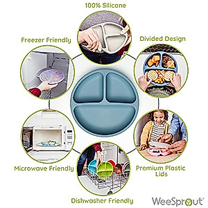 WeeSprout Non-Suction Silicone, Plastic Dishware Plate (With Lids), Food Grade for Toddlers, Kids, Dishwasher and Microwave Safe (Matte Dark Grey, Blue & Green, 3 Count (Pack of 1))