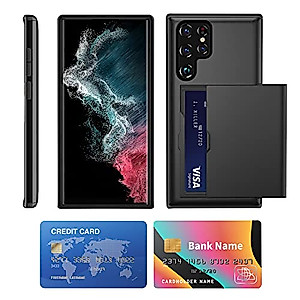 Compatible with Samsung Galaxy S23 Ultra Case Wallet with Card Holders Slide Slot Shockproof Slim Hard PC Case Heavy Duty Protective Cover for Samsung Galaxy S23 Ultra for Women & Men (Black)