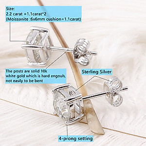 DovEggs 10K White Gold Post 2.2CTW 6MM G-H-I Color Cushion Cut Moissanite Simulated Diamond Stud Earrings Gold QUALITY Stelring Silver Earrings for Women Men