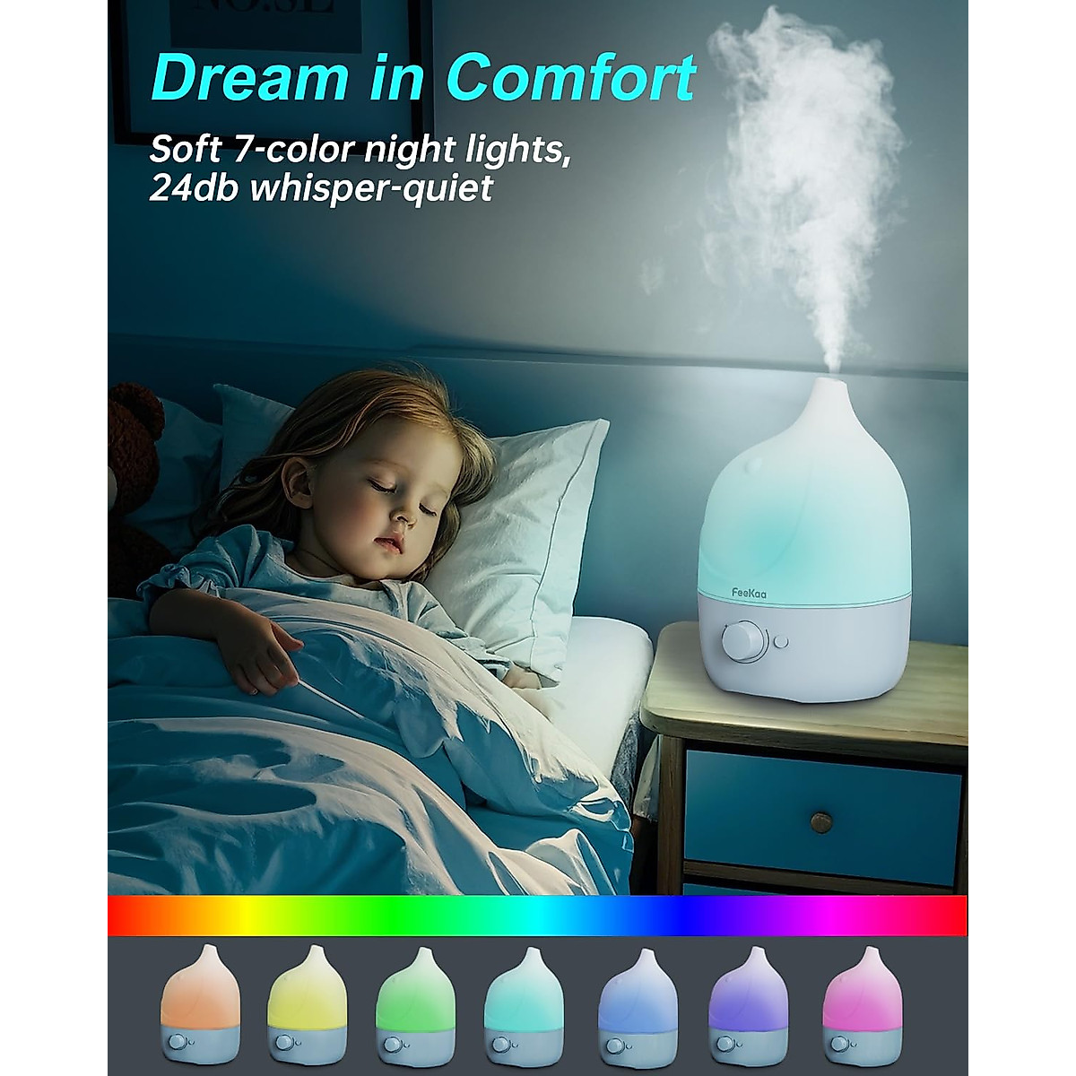 Feekaa Humidifiers for Bedroom Baby 3 in 1 - Top Fill Baby Humidifier & Essential Oil Diffuser & Night Light, BPA-Free Cool Mist Air Humidifier with Cute Stickers for Kids Bedroom Nursery Plants Home