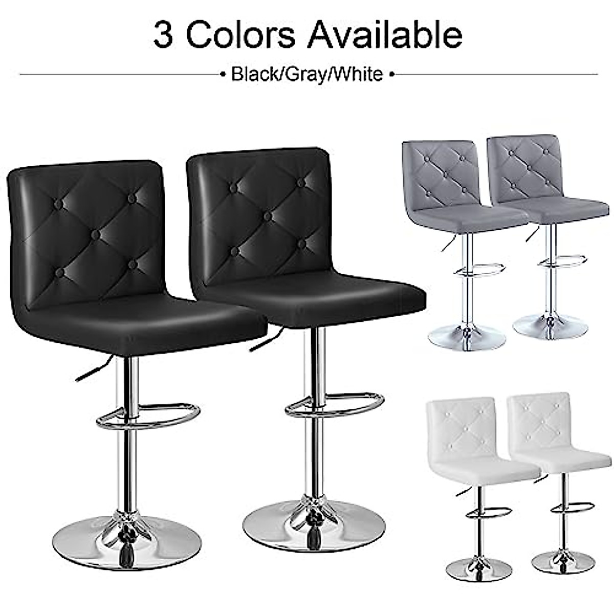 VECELO Adjustable Bar Stools with Back, Bar Height Stools for Kitchen Counter, Bar Stools Set of 2, Black