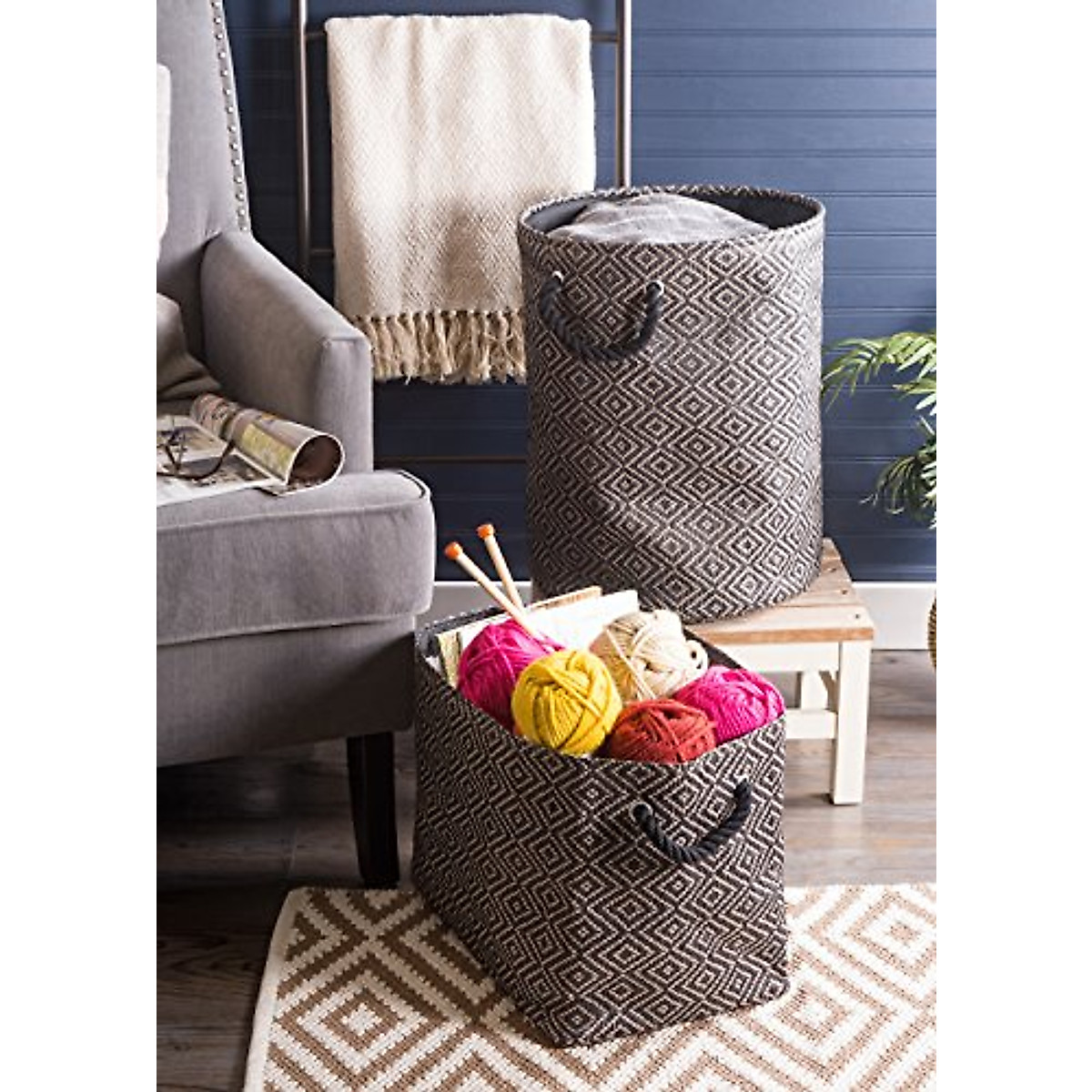 DII Woven Paper Storage Bin, Diamond Basketweave, Stone/Black, Large