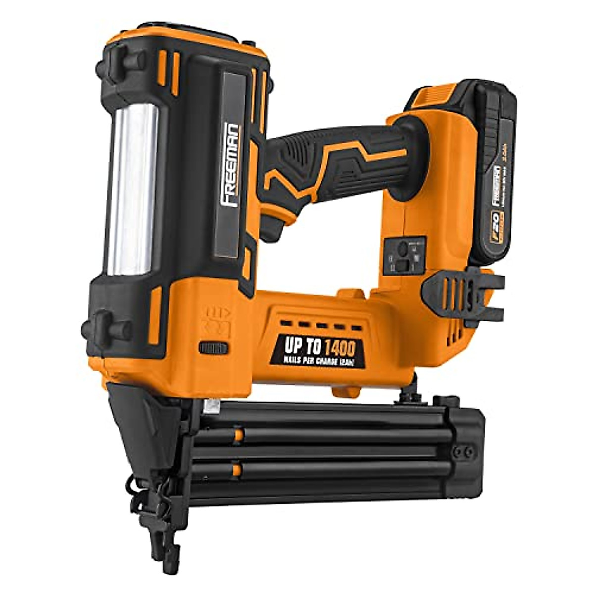 Freeman PE20VBR50 20 Volt Cordless 18-Gauge 2" Brad Nailer Kit with Lithium Ion Battery, Charger, Bag, and Nails (500 Count) – 1400 Shots per Charge