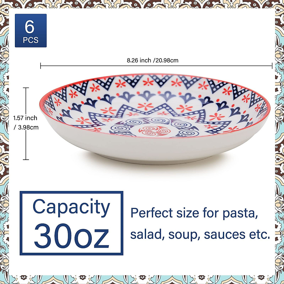 Kitchenexus Ceramic Pasta Bowls Set of 6 30oz Large Salad Bowl Wide and Shallow Porcelain Salad Pasta Dishes Colorful Patterns Serving Plates and Bowls for Pasta, Salad, Cereal, Soup