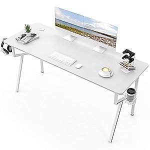 DESIGNA White Gaming Desk 63 inch, Large Gaming Tables Gamer Pc Workstation K Shaped Game Station with Free Mouse Pad, Gaming Handle Rack, Cup Holder and Headphone Hook, Carbon Fibre Surface