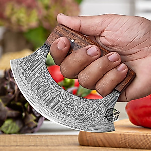 One Handed Rocker Damascus Ulu Knife With Sheath, Rocker Knife For One Handed Cutting, 5.5 Inches Rocker Damascus Ulu Knife, Heavy Duty Rocker Knife / Ulu Knife / Mezzaluna Knife (Rose Wood)
