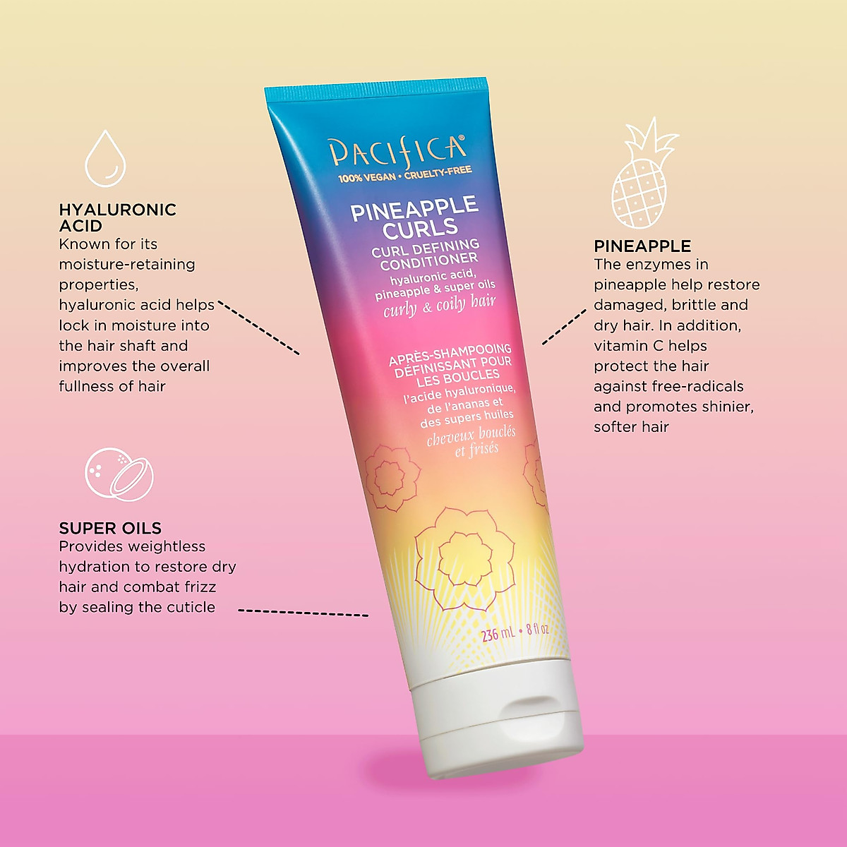 Pacifica Beauty, Pineapple Curls Defining Natural Conditioner, For Curly, Coily and Textured Hair Types, Pineapple Scent, Sulfate Free and Silicone Free, 100% Vegan and Cruelty Free