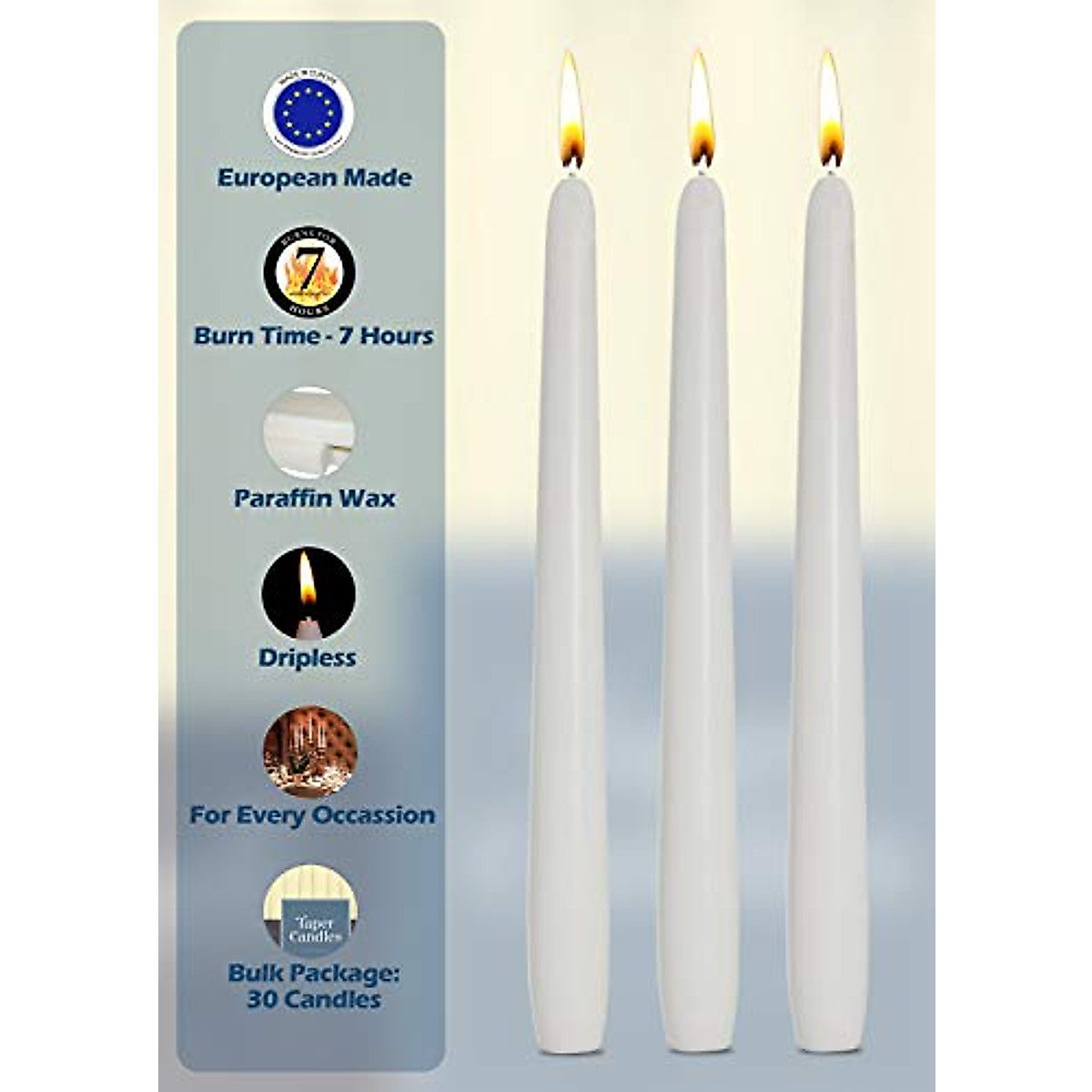 Hyoola Tall Taper Candles - Tapered Candles - White Dripless Candle Sticks - 8 Inch (20cm) - 7 Hour Burn Time (30-Pack)