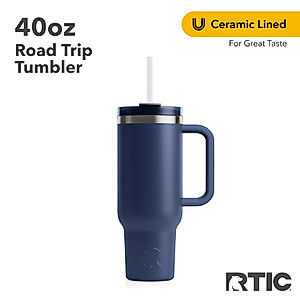 RTIC 40 oz Road Trip Tumbler Double-Walled Insulated Stainless Steel Portable Travel Coffee Mug Cup with Lid, Handle and Straw, Navy