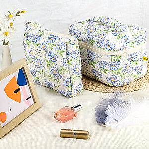 URSKYTOUS 2Pcs Cotton Quilted Makeup Bag for Women Floral Extra Large Small Travel Cosmetic Bag Set Big Cute Blue Makeup Pouch Portable Toiletry Bag Organizer Coquette Vintage Puffy Travel Essential