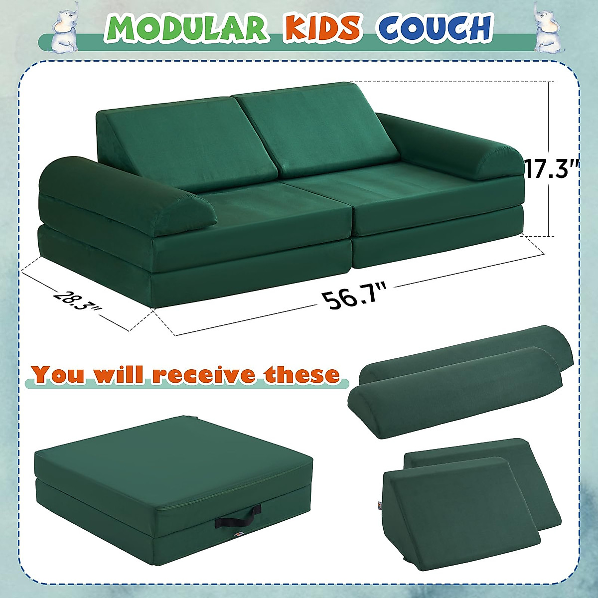 jela Kids Couch Large, Floor Sofa Modular Funiture for Kids Adults, Playhouse Play Set for Toddlers Babies, Modular Foam Play Couch Indoor Outdoor (56.7"x28.3"x17.3", Pine Green)
