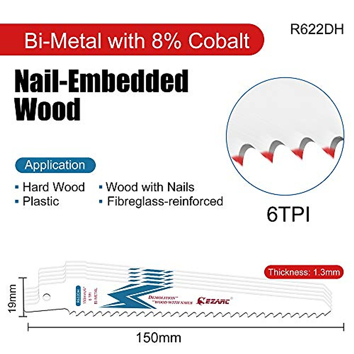 EZARC Reciprocating Saw Blade Bi-Metal Cobalt Sabre Saw Blades for Wood Demolition 6-Inch 6TPI R622DH (5-Pack)