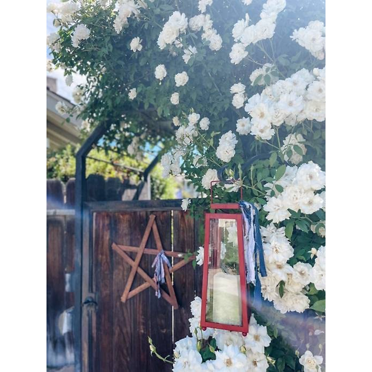 Red Outdoor Solar Lanterns - 11 Inch, Set of 2, Metal & Glass, Waterproof Flameless Pillar Candle, Dusk to Dawn Timer, Flickering LED Light, Rustic Vintage Patio