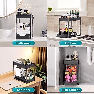 Adjustable Height Under Sink Organizers and Storage, 2 Tier Sliding Bathroom Organizer Under Sink,Multipurpose Under Kitchen Sink Organizers and Storage With 4 Hooks for Bathroom Kitchen Desktop