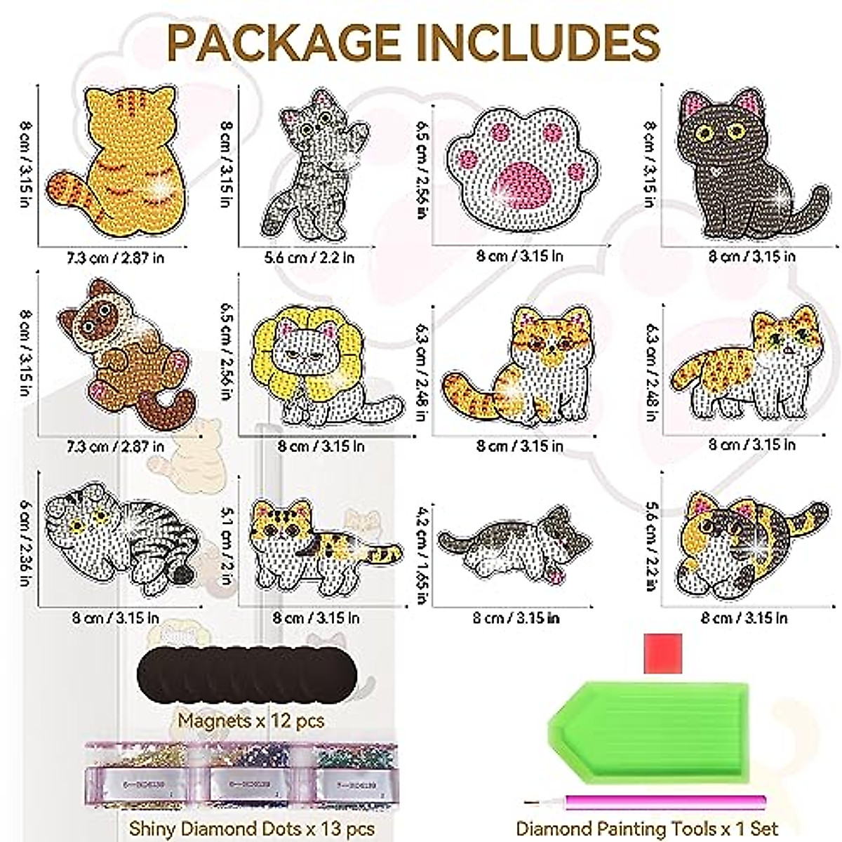 Vcekract 12 PCS Diamond Painting Refrigerator Magnets, Cat Diamond Painting Kits for Adults, Diamond Art Kits for Home Decor, Small Diamond Art Crafts