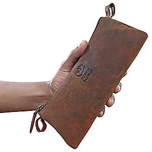 RUSTIC TOWN Leather Pencil Case - Zippered Pen Holder Pouch for School, Work & Office (Medium Brown)